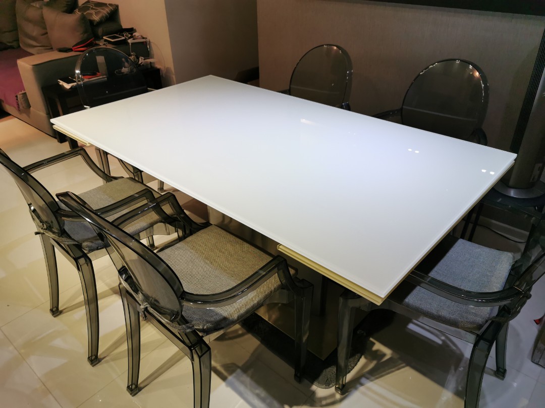 Preloved white glass dining table, Furniture & Home Living, Furniture ...