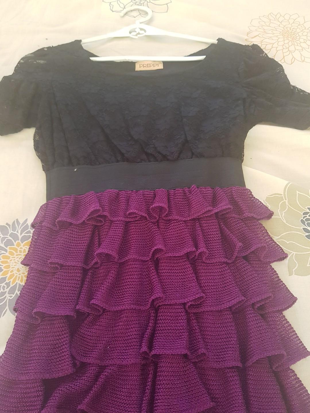 Black and Violet Raffles Dress with Sleeves, Women's Fashion, Dresses ...