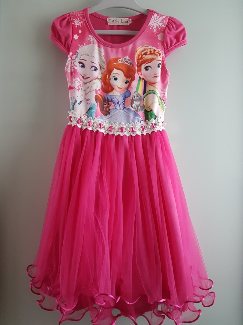 Princess Frozen Elsa Anna Sophie Dark Pink Pom Pom Dress, Babies & Kids, Babies & Kids Fashion ...