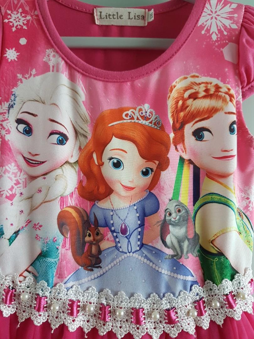 Princess Frozen Elsa Anna Sophie Dark Pink Pom Pom Dress, Babies & Kids, Babies & Kids Fashion ...