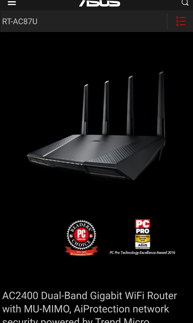 Asus RT-AC87U AC2400 Dual-Band Gigabit WiFi Router with MU-MIMO ...