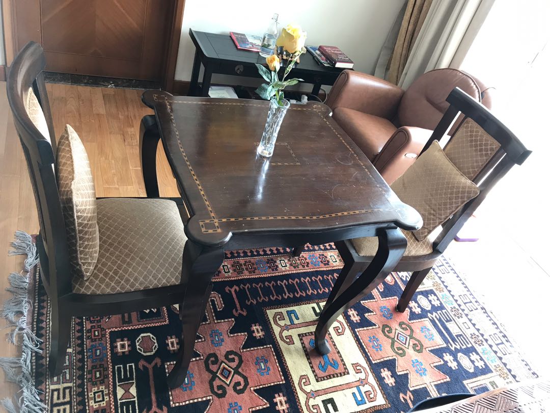 Mahjong table with inlay work and matching 2 chairs, Furniture & Home ...
