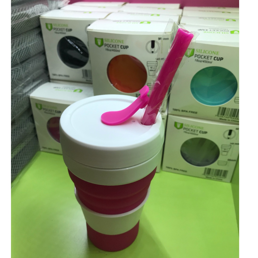 Collapsible Cup with straw (Silicone) 450 ML, Furniture & Home Living ...