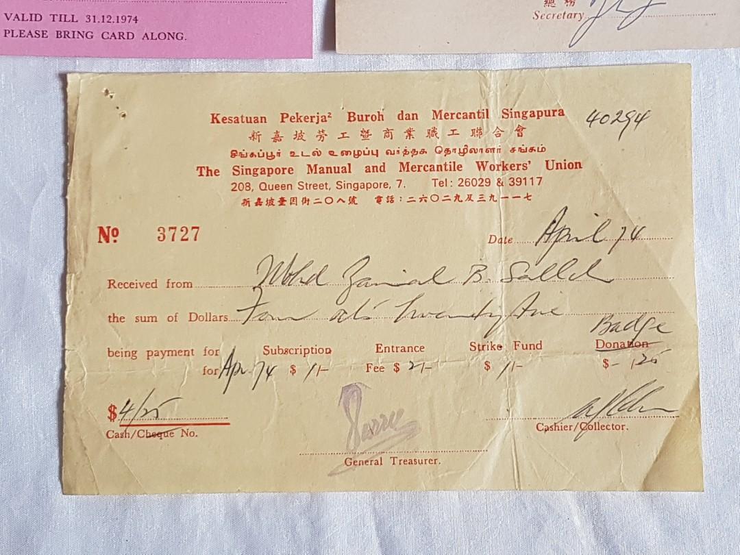 The Singapore Manual and Mercantile Workers' Union Badge, Benefit Card ...