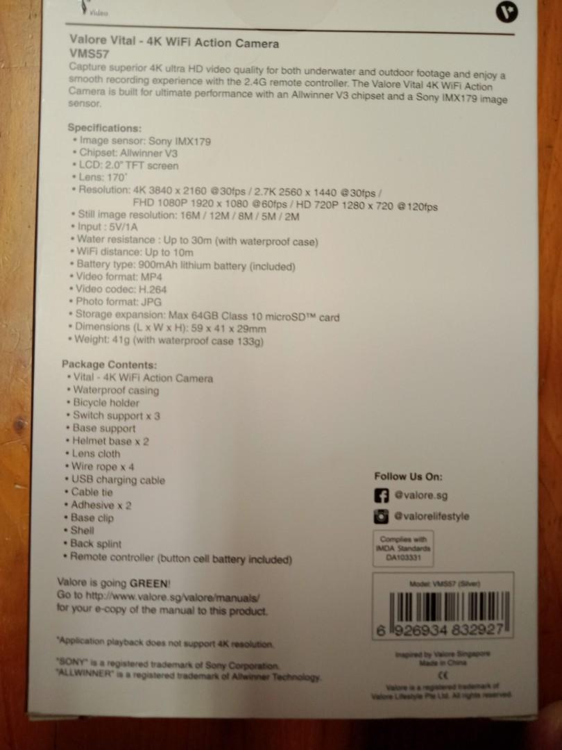 BNIB Valore Vital - 4K WiFi Action Camera (VMS57), Motorcycles ...