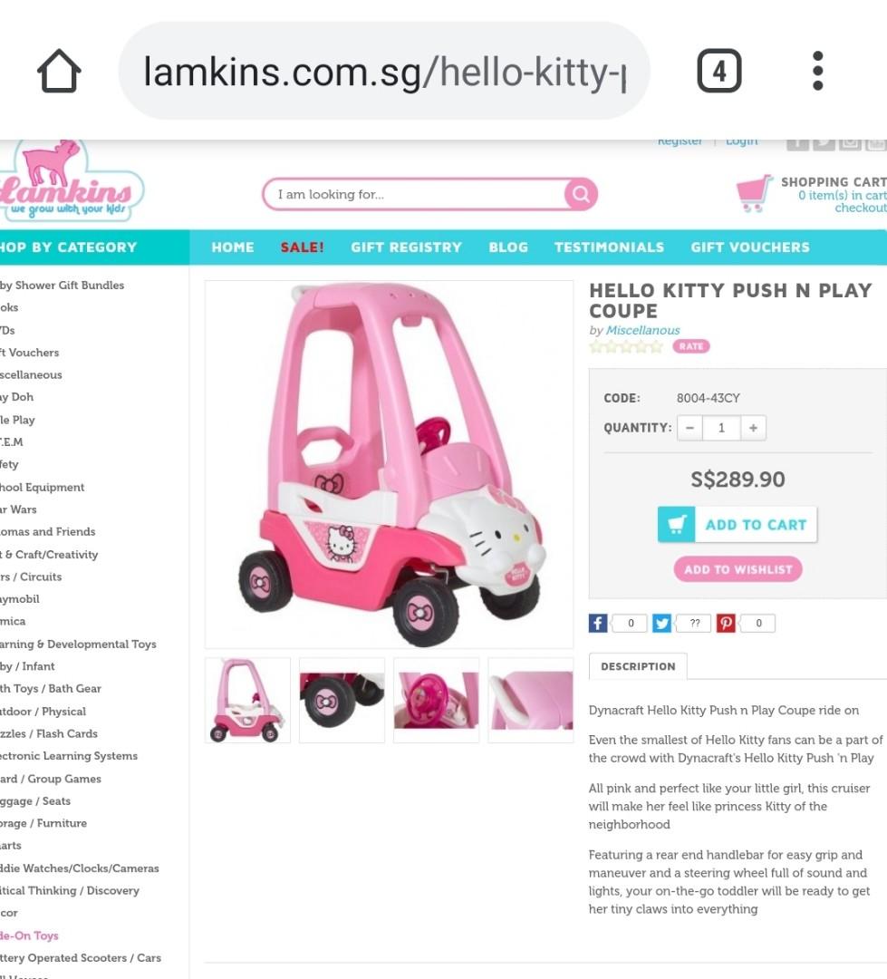Hello Kitty Push and Play Ride on Car (reduced Price!), Babies & Kids ...