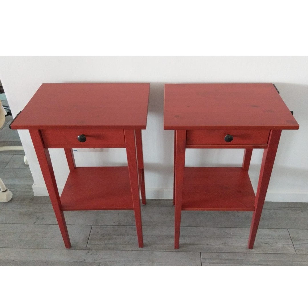 IKEA HEMNES Bedside tables (x 2) solid wood (stained RED), Furniture ...