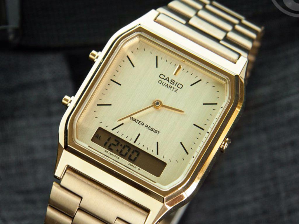 Casio AQ230 Vintage Dual Time AQ-230GA-9D Gold Tone Analog Digital ...