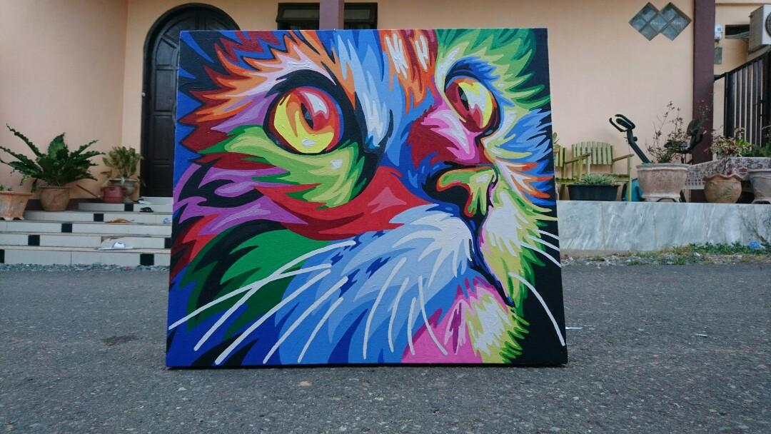 Lukisan Pop Art Portrait Kucing, Desain & Kerajinan Tangan, Karya Seni ...