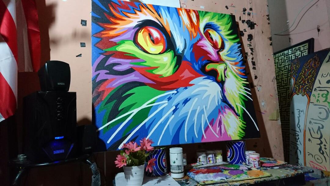 Lukisan Pop Art Portrait Kucing, Desain & Kerajinan Tangan, Karya Seni ...