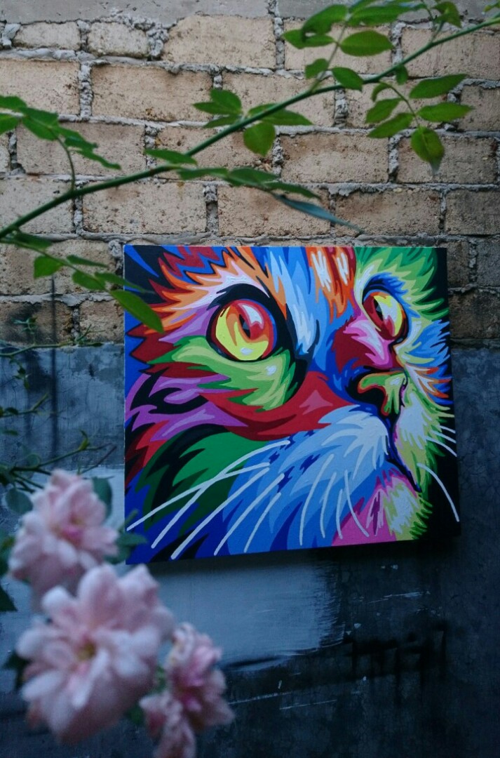 Lukisan Pop Art Portrait Kucing, Desain & Kerajinan Tangan, Karya Seni ...
