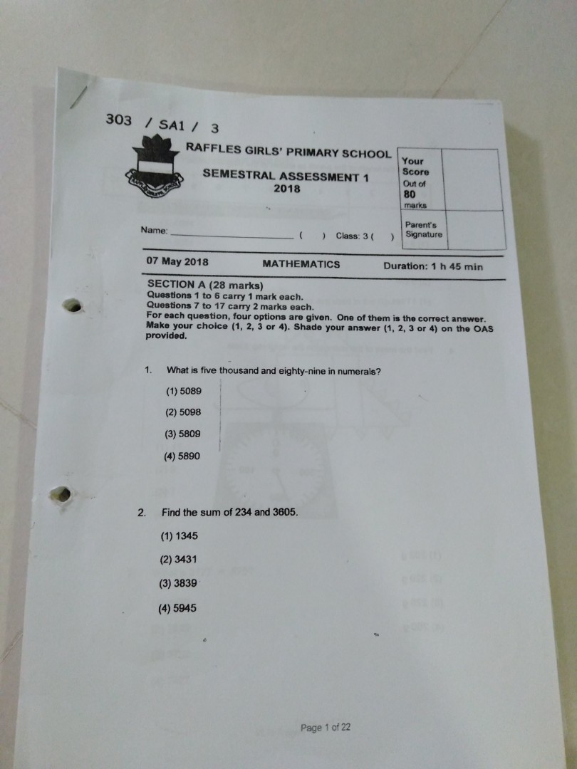 Past year exam paper primary two-maths ( give away), Hobbies & Toys ...