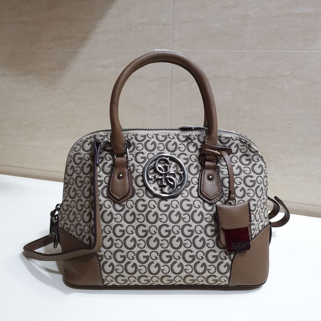 Guess Purse Dome Satchel Signature Canvas G Logo - White/Beige, Women's ...