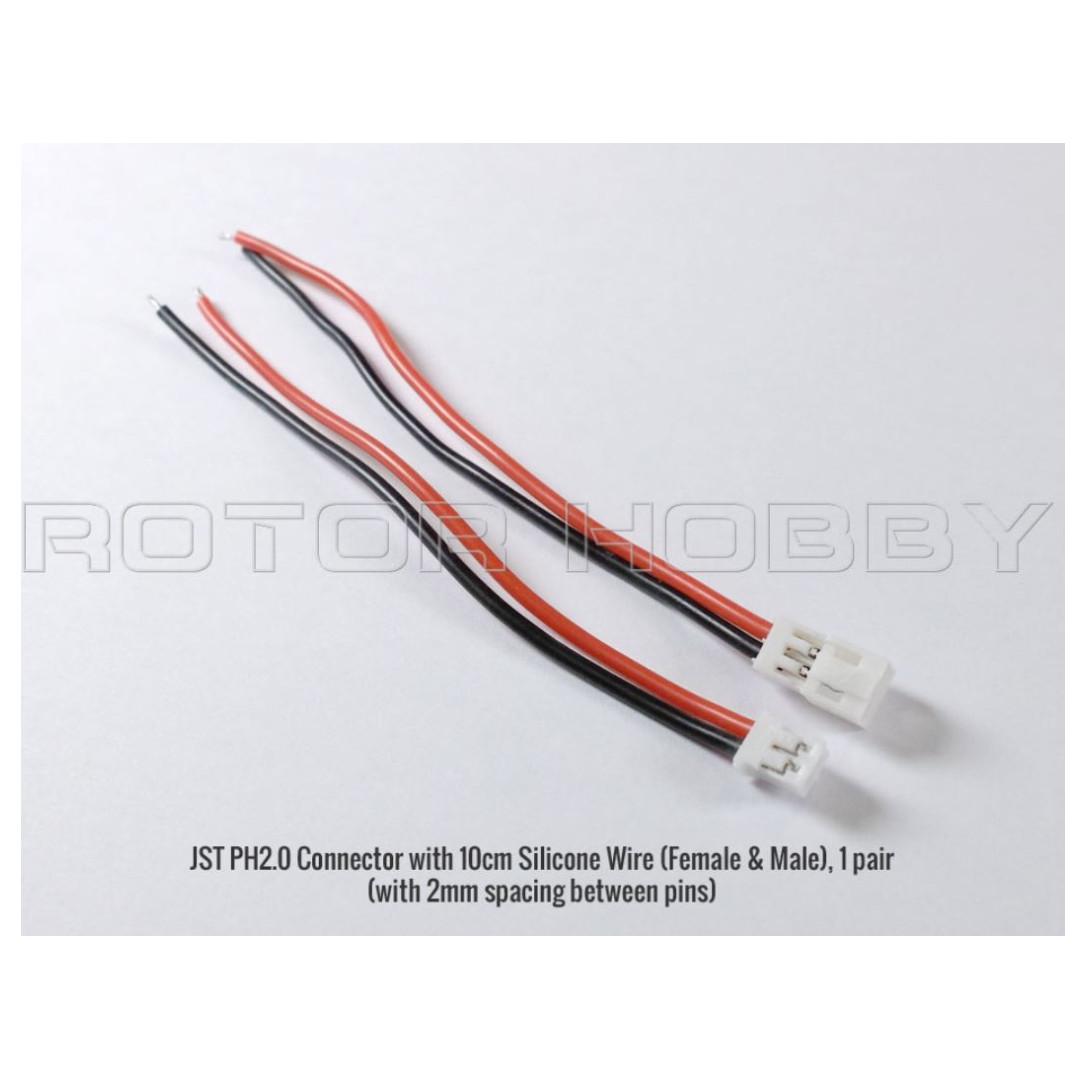 JST PH2.0 Connector with 10cm Silicone Wire (Female & Male), 1 pair (with 2mm spacing between ...