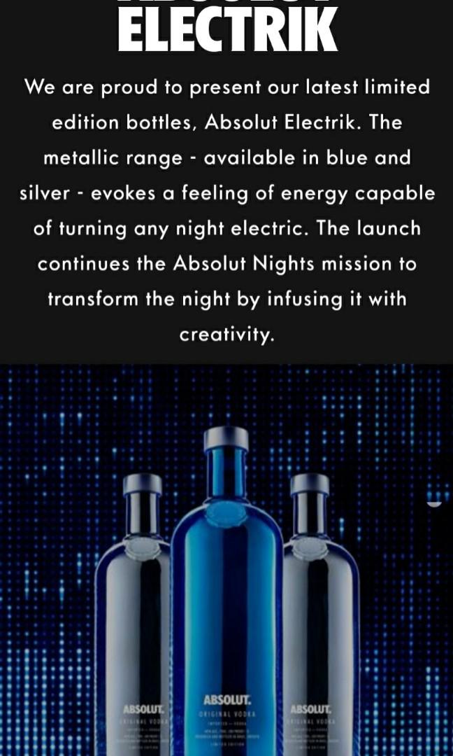 Absolut Vodka Limited Electrik. The metallic range Silver, Food ...