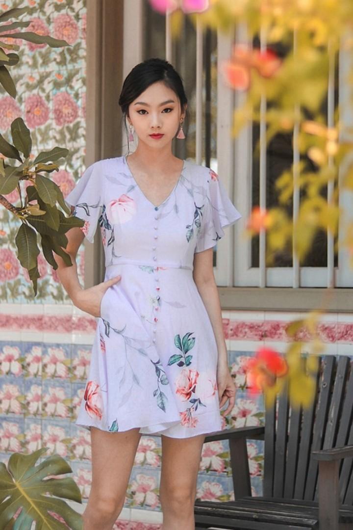 Lovet Alyssa Floral Flutter Button Dress, Women's Fashion, Tops ...