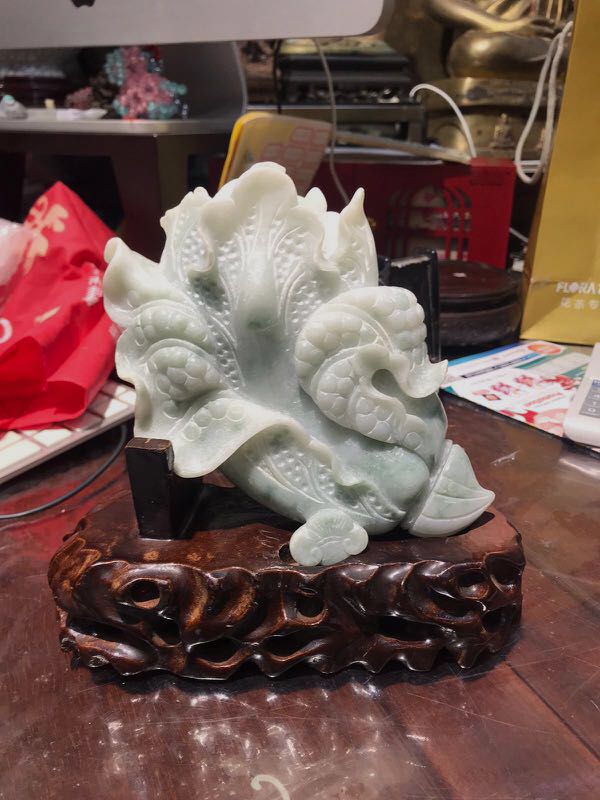 Chinese Carved Jade Cabbage Jadeite display with Wood Stand Vintage ...