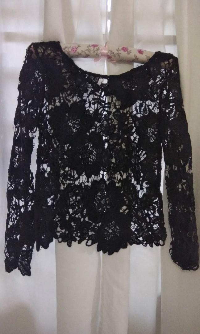 Embroidery Pattern Black Top, Women's Fashion, Tops, Blouses on Carousell