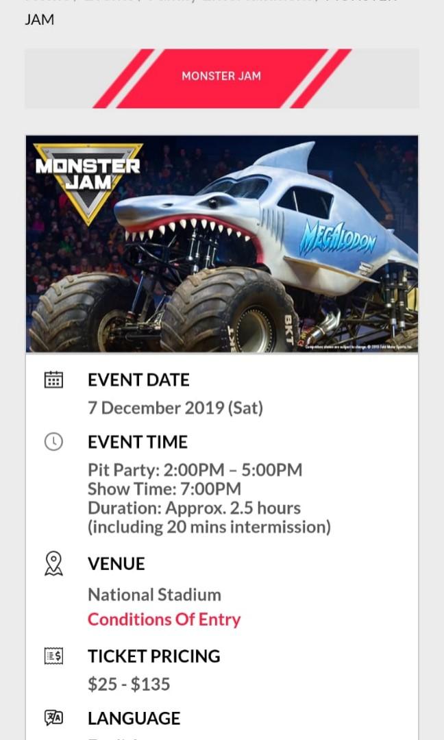 Monster Jam ticket @ National Stadium, Tickets & Vouchers, Event ...