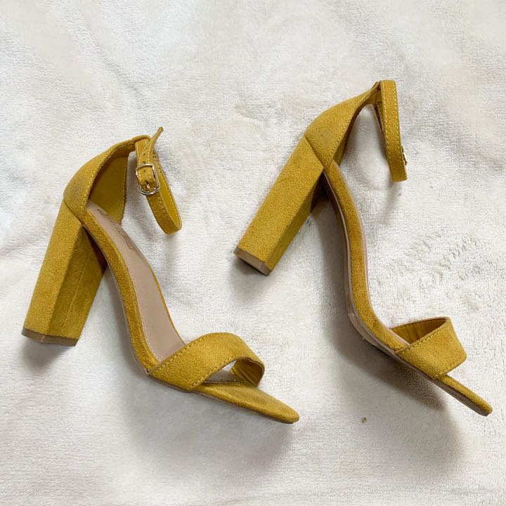 Mustard block heels suede, Women's Fashion, Footwear, Heels on Carousell