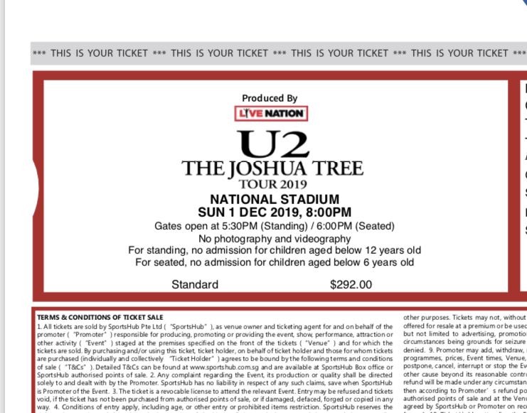 U2 Dec 1 ,concert ticket, Tickets & Vouchers, Event Tickets on Carousell