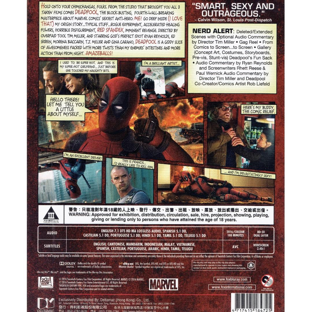 [免費本地平郵] 港版 中英文字幕 Deadpool 2.40:1 Blu Ray Disc 藍光碟 1080P, 興趣及遊戲, 音樂、樂器 ...