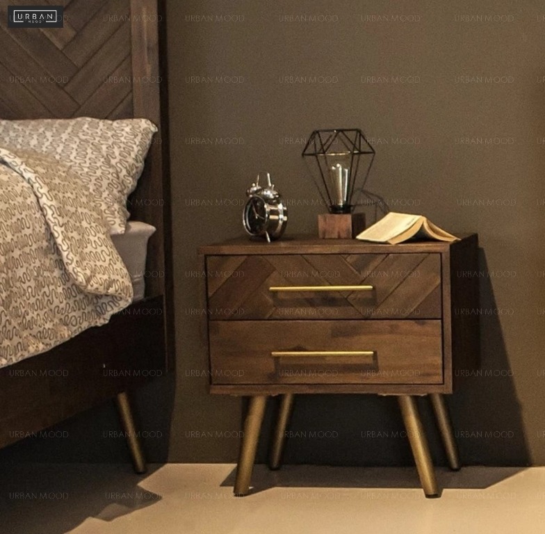PATRON Herringbone Acacia Solid Wood Bedside Table, Furniture & Home ...