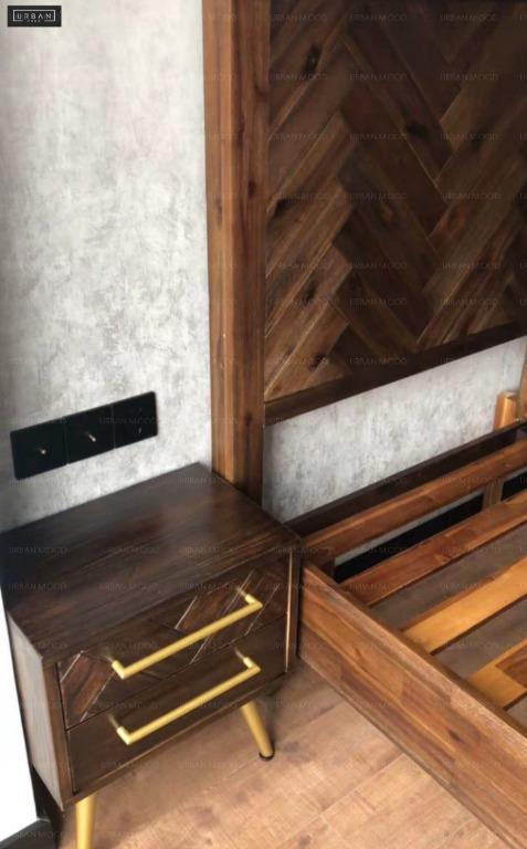 PATRON Herringbone Acacia Solid Wood Bedside Table, Furniture & Home ...