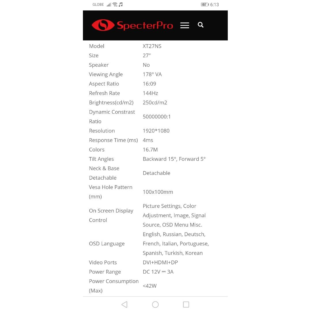 Specterpro 27" XT27NS 144hz Gaming Curved Monitor, Computers & Tech ...