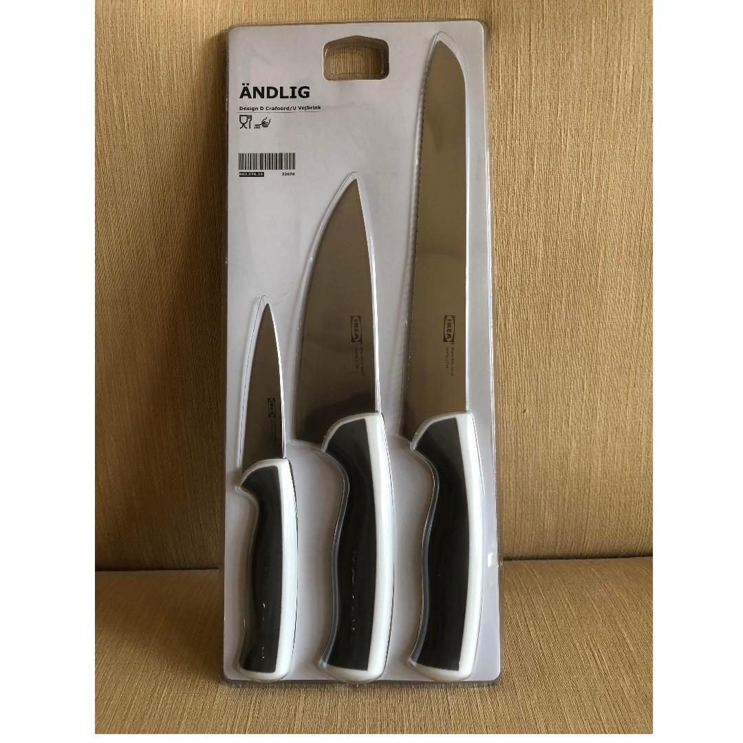 IKEA ÄNDLIG 3-piece knife set, light grey, white, Furniture & Home ...
