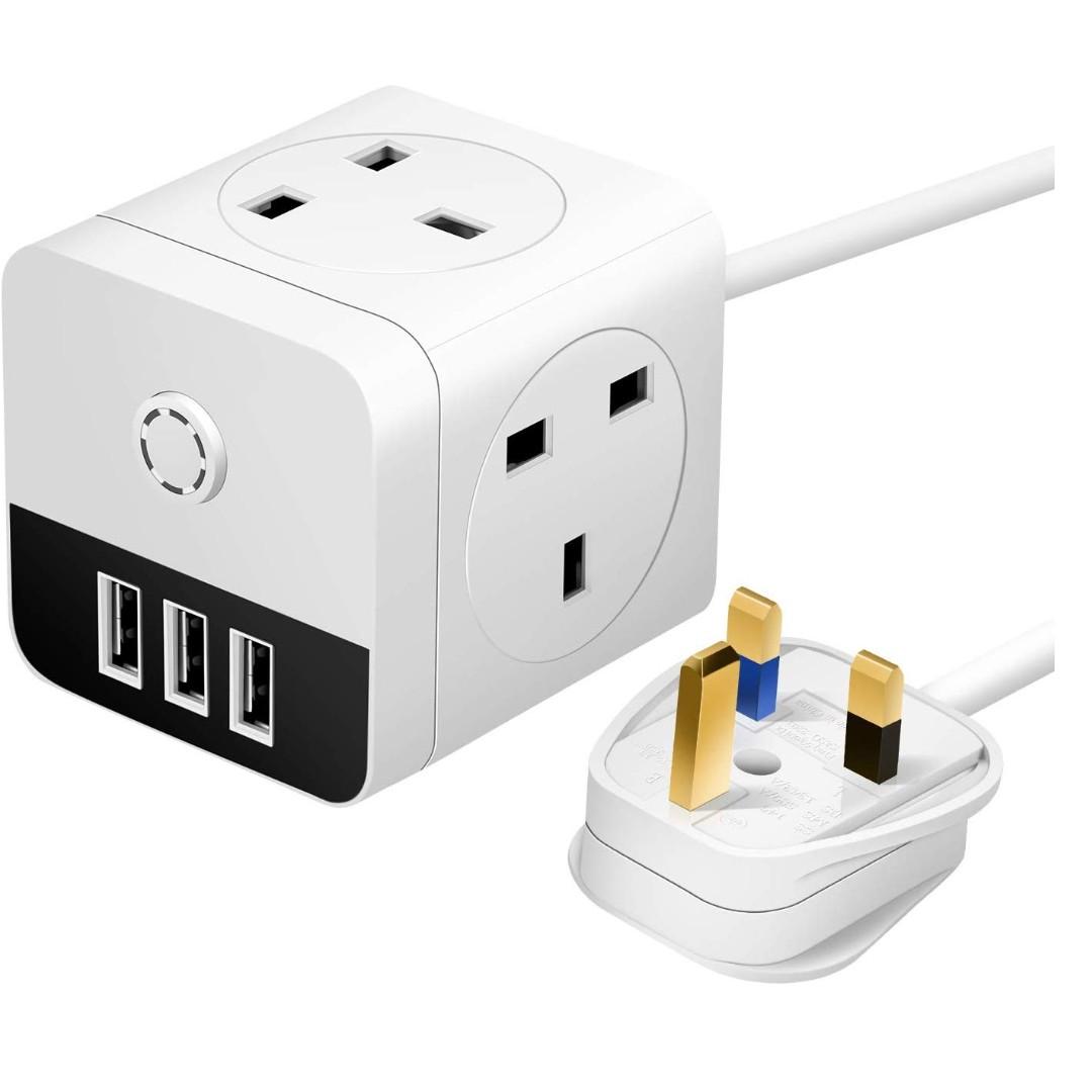 Mscien 2M Mini Cube Extension Lead with 3 USB, 4 Way Switched UK Sockets 13Amp Power Extension ...
