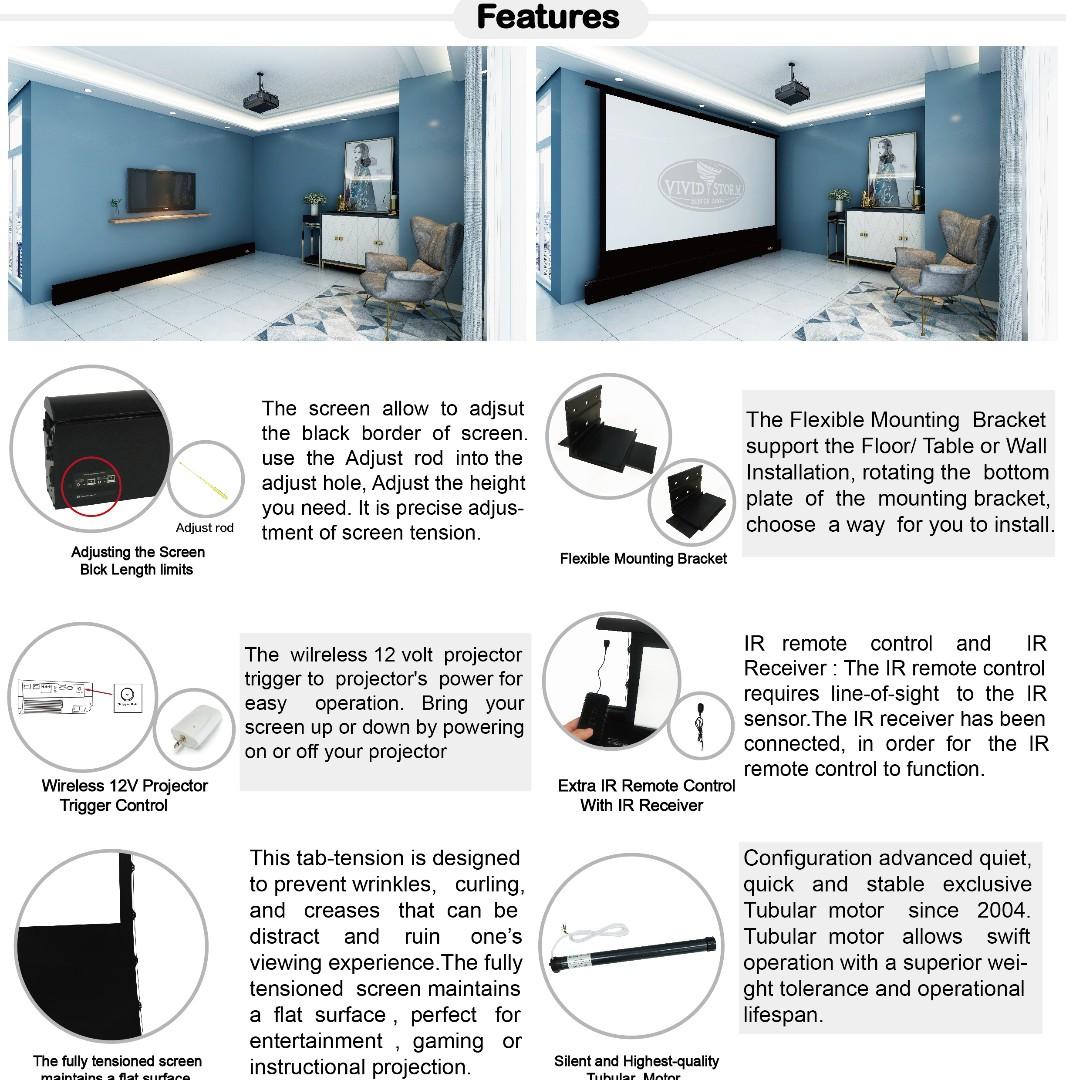 100" S PRO VIVIDSTORM Motorized Floor Rising Projection Screen, 16:9 ...