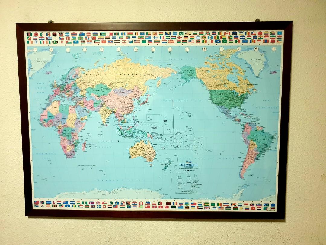 Moving Out Sale: Laminated World Map with Flags in Wooden Frame ...