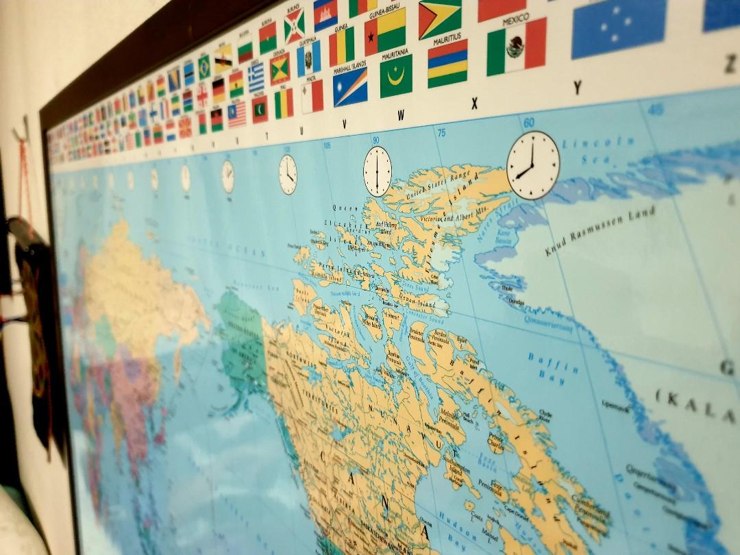 Moving Out Sale: Laminated World Map with Flags in Wooden Frame ...