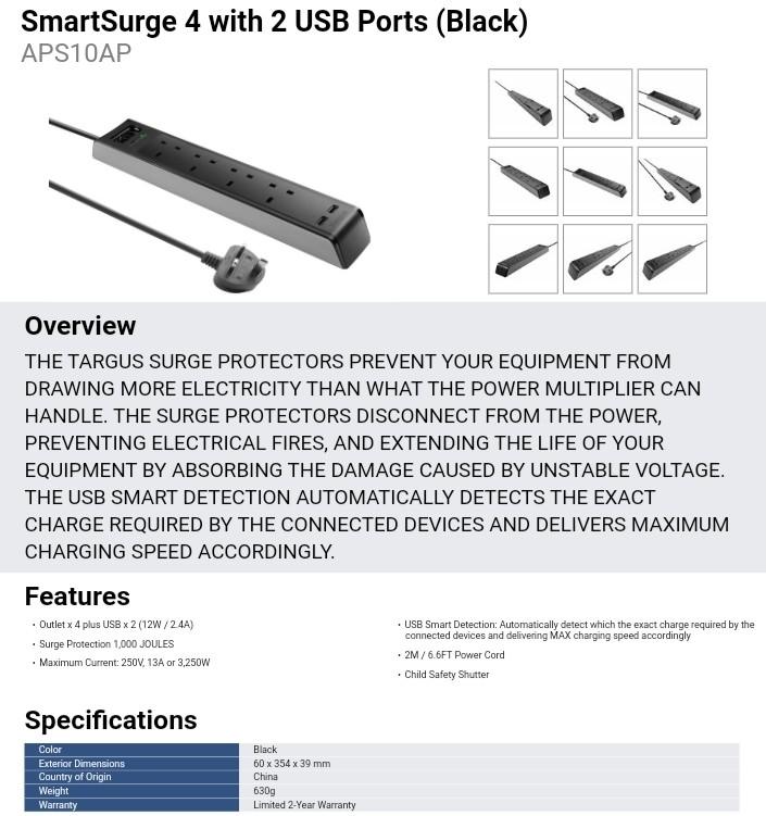 Targus Smart Surge 4 (extension cable with USB ports), Computers & Tech ...