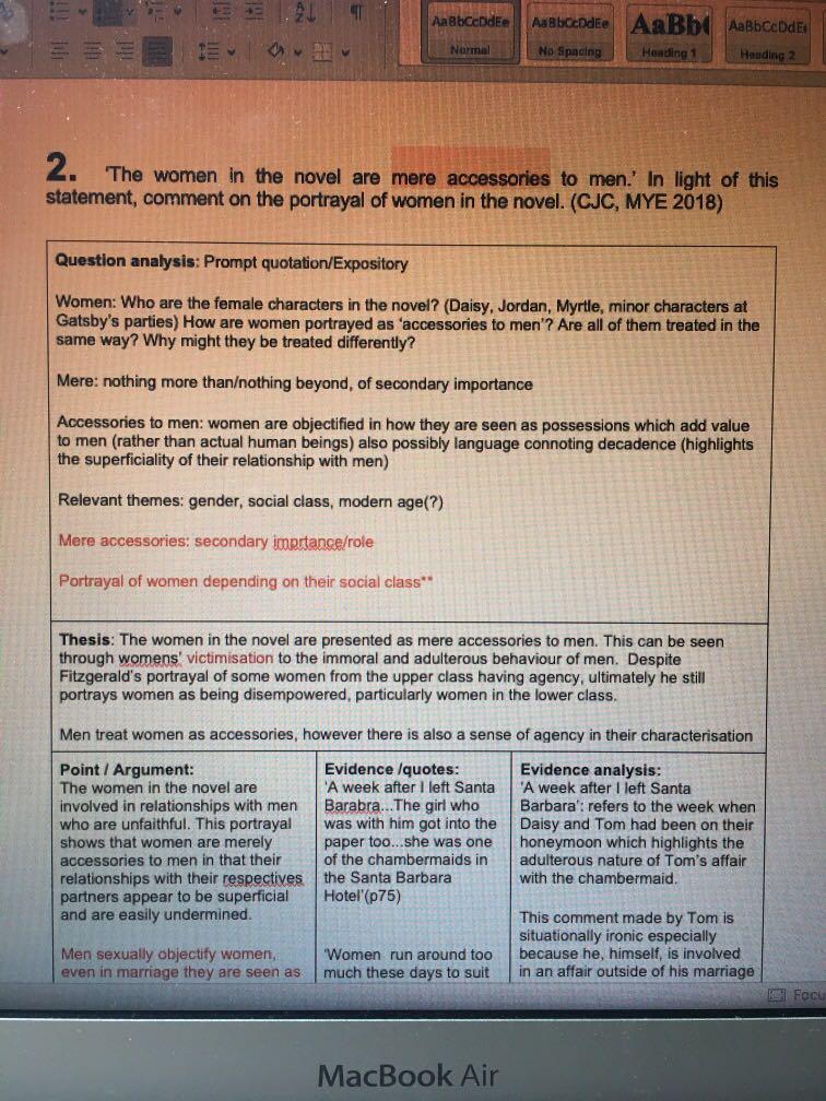 Essay plans: The Great Gatsby A level H2 Literature COMPLETE, Hobbies ...