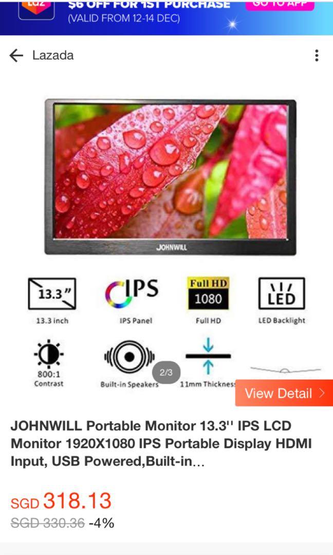 JOHNWILL Portable Monitor 13.3'' IPS LCD Monitor 1920X1080 IPS Portable ...