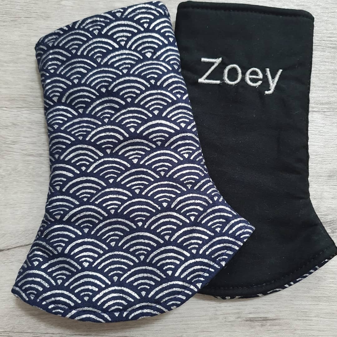Customised reversible curved drool pads with embriodery carrier strap ...