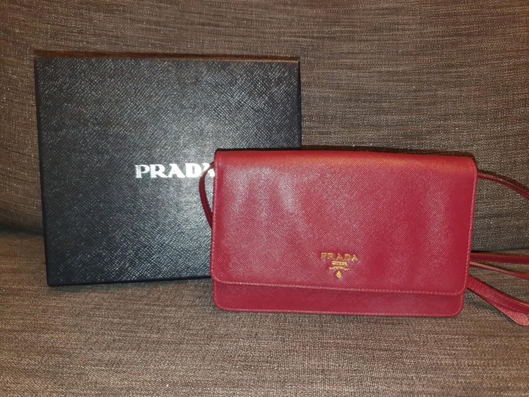 Authentic Prada Saffiano leather crossbody wallet in Burgundy, Luxury ...