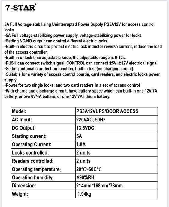 Ebelco 12V/7Ah Rechargeable Battery UPS for:Biometric Door Access ...