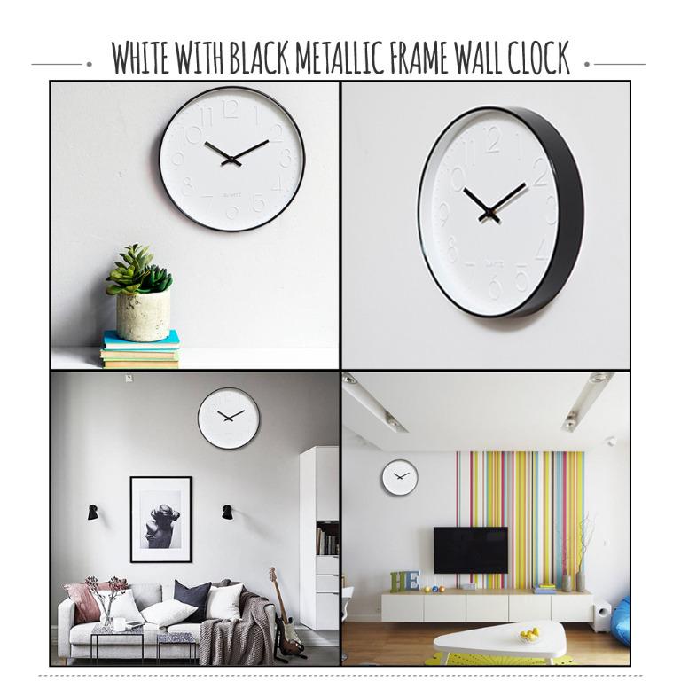 WHITE WITH BLACK METALLIC FRAME WALL CLOCK, Furniture & Home Living ...