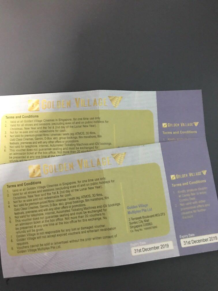 Golden village movie ticket, Tickets & Vouchers, Vouchers on Carousell