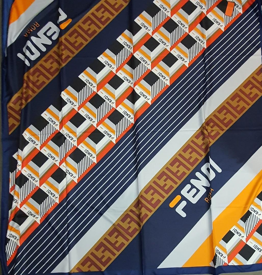 Syal satin sutra Fendi Roma navy blue n gray, Fesyen Wanita, Aksesoris ...