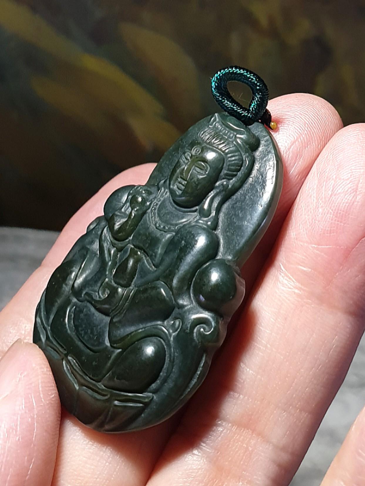 Natural untreated deep green Nephrite Jade Guan Yin pendant (with ...