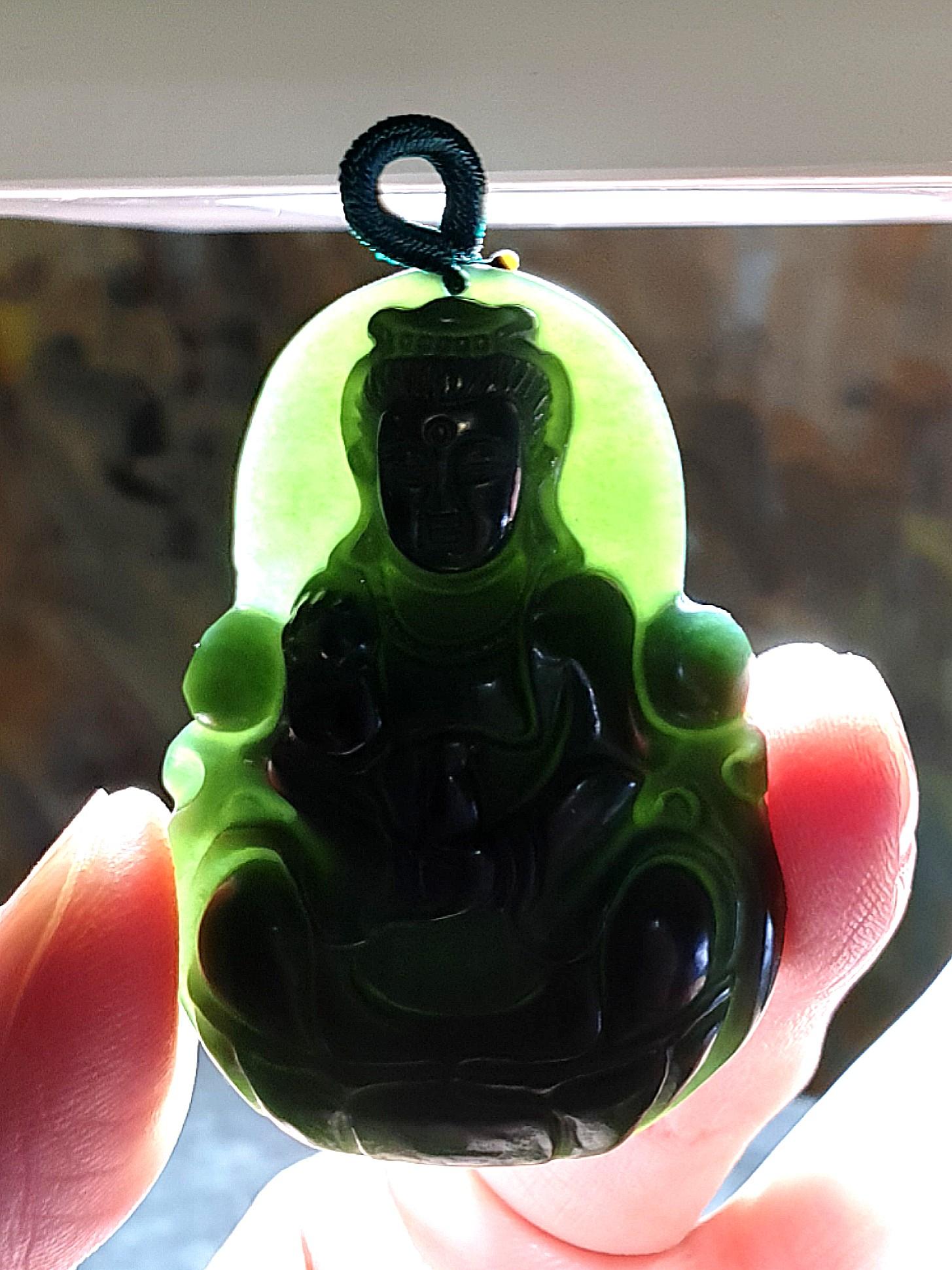 Natural untreated deep green Nephrite Jade Guan Yin pendant (with ...