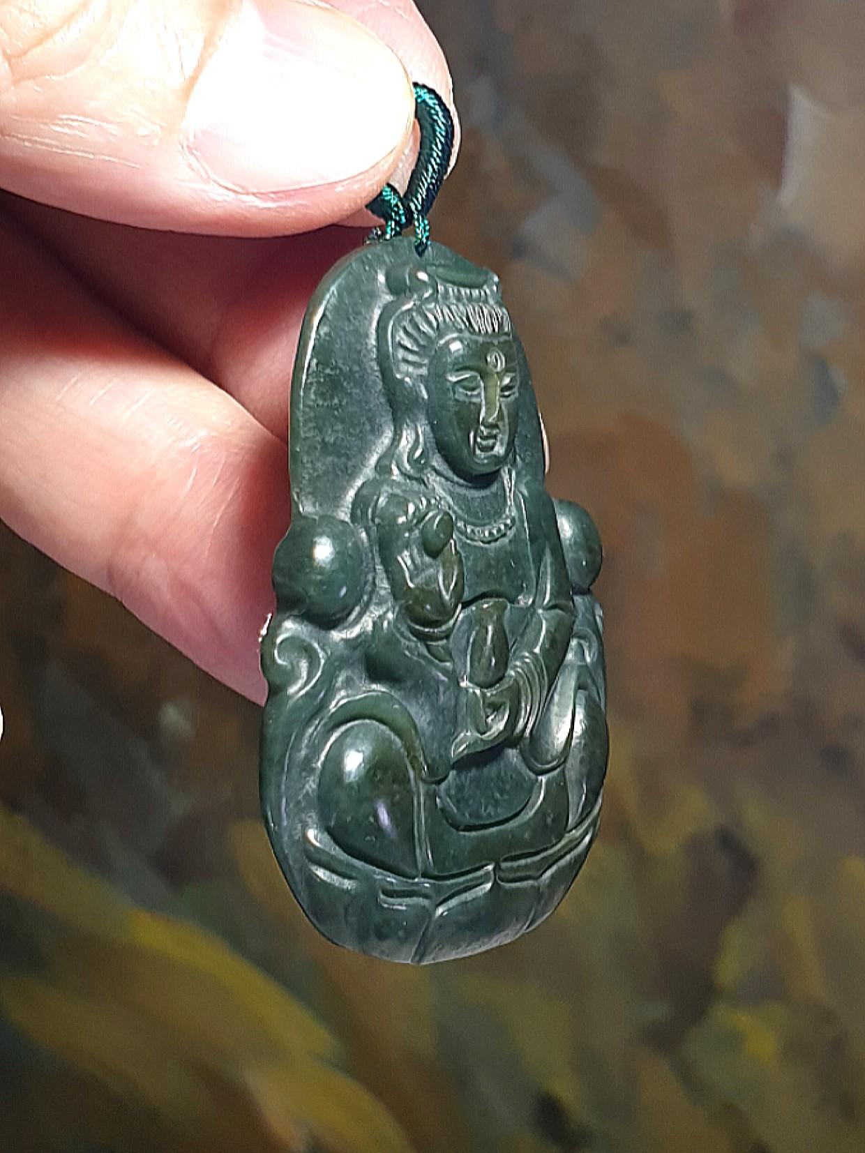 Natural untreated deep green Nephrite Jade Guan Yin pendant (with ...