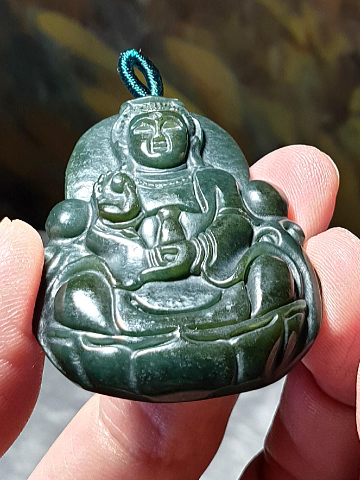 Natural untreated deep green Nephrite Jade Guan Yin pendant (with ...