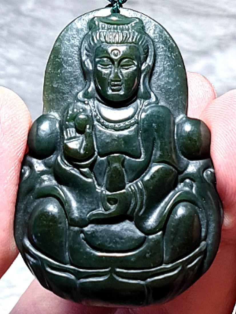 Natural untreated deep green Nephrite Jade Guan Yin pendant (with ...