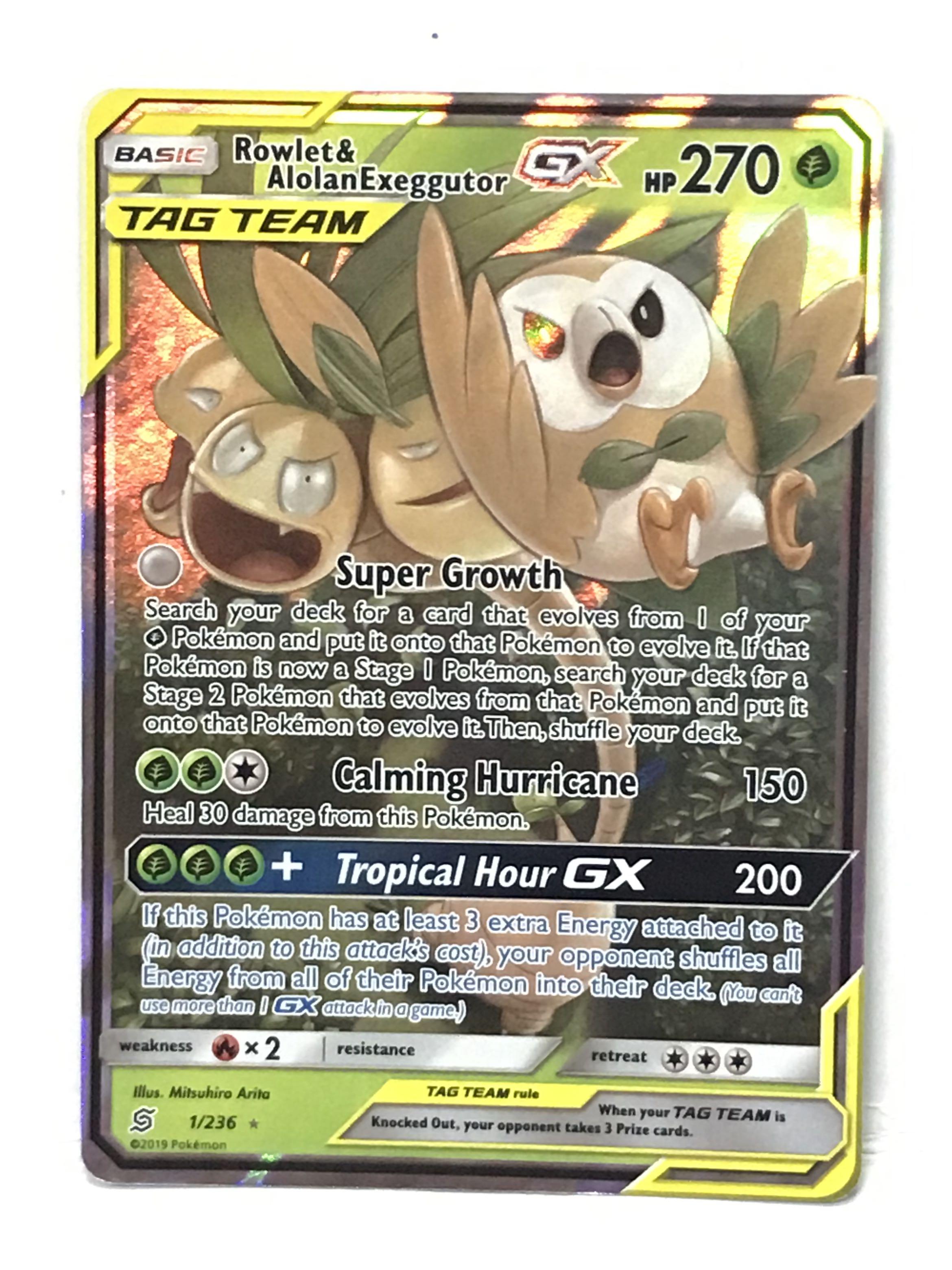 Pokemon Rowlet & Alolan Exeggutor GX - 1/236, Hobbies & Toys, Toys & Games on Carousell