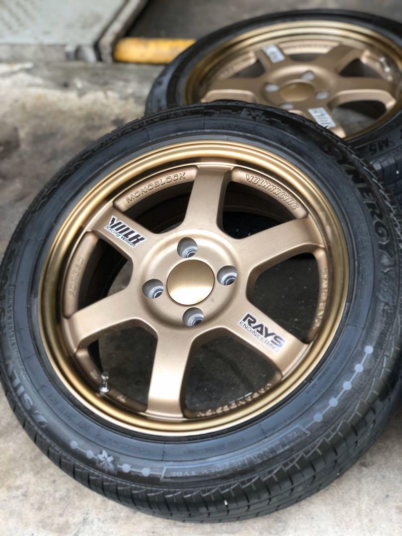 Rim TE37 15x7jj pcd100 siap tayar 90%, Auto Accessories on Carousell